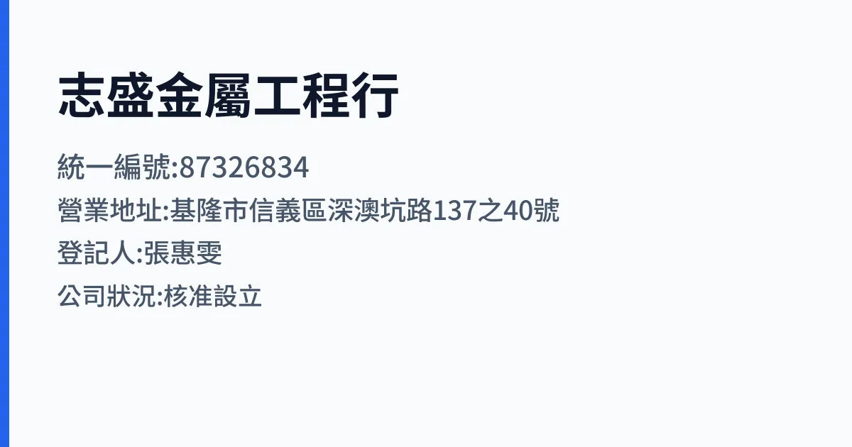 志盛金屬工程行 - 統編 87326834(基隆市) 公司登記資料與營業項目詳細圖表