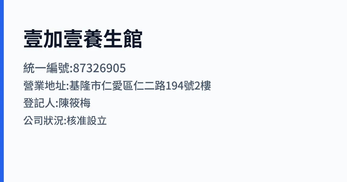 壹加壹養生館 - 統編 87326905（基隆市） 公司登記資料與營業項目詳細圖表