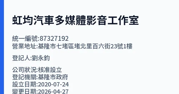 虹均汽車多媒體影音工作室的照片-統編 87327192(基隆市) 公司登記資料與營業項目詳細圖表