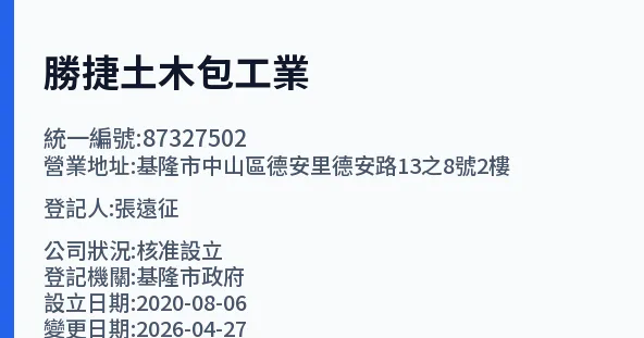 勝捷土木包工業的照片-統編 87327502(基隆市) 公司登記資料與營業項目詳細圖表