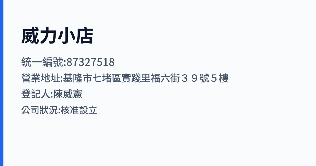 威力小店 - 統編 87327518(基隆市) 公司登記資料與營業項目詳細圖表