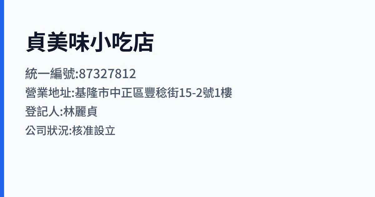 貞美味小吃店 - 統編 87327812(基隆市) 公司登記資料與營業項目詳細圖表