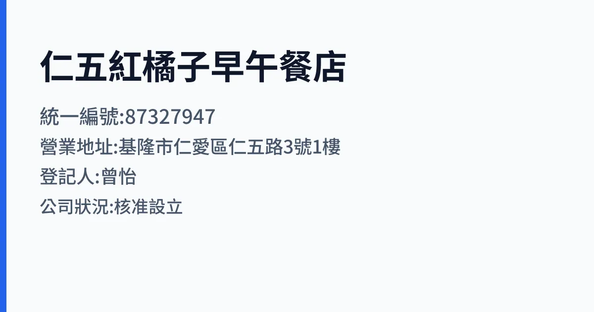 仁五紅橘子早午餐店 - 統編 87327947(基隆市) 公司登記資料與營業項目詳細圖表