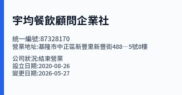 宇均餐飲顧問企業社的照片-統編 87328170(基隆市) 公司登記資料與營業項目詳細圖表