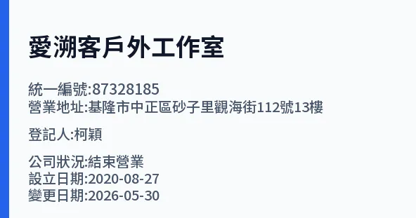 愛溯客戶外工作室的照片-統編 87328185(基隆市) 公司登記資料與營業項目詳細圖表