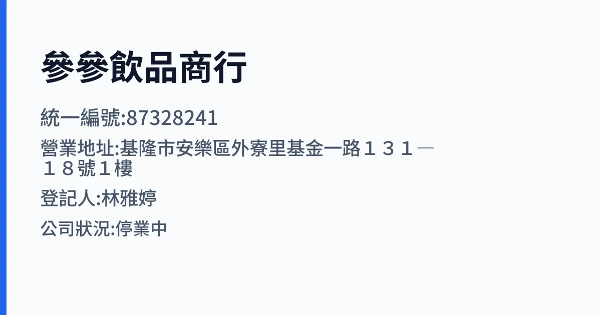 參參飲品商行 - 統編 87328241(基隆市) 公司登記資料與營業項目詳細圖表