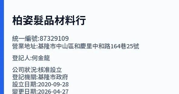 柏姿髮品材料行的照片-統編 87329109(基隆市) 公司登記資料與營業項目詳細圖表