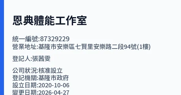 恩典體能工作室的照片-統編 87329229(基隆市) 公司登記資料與營業項目詳細圖表