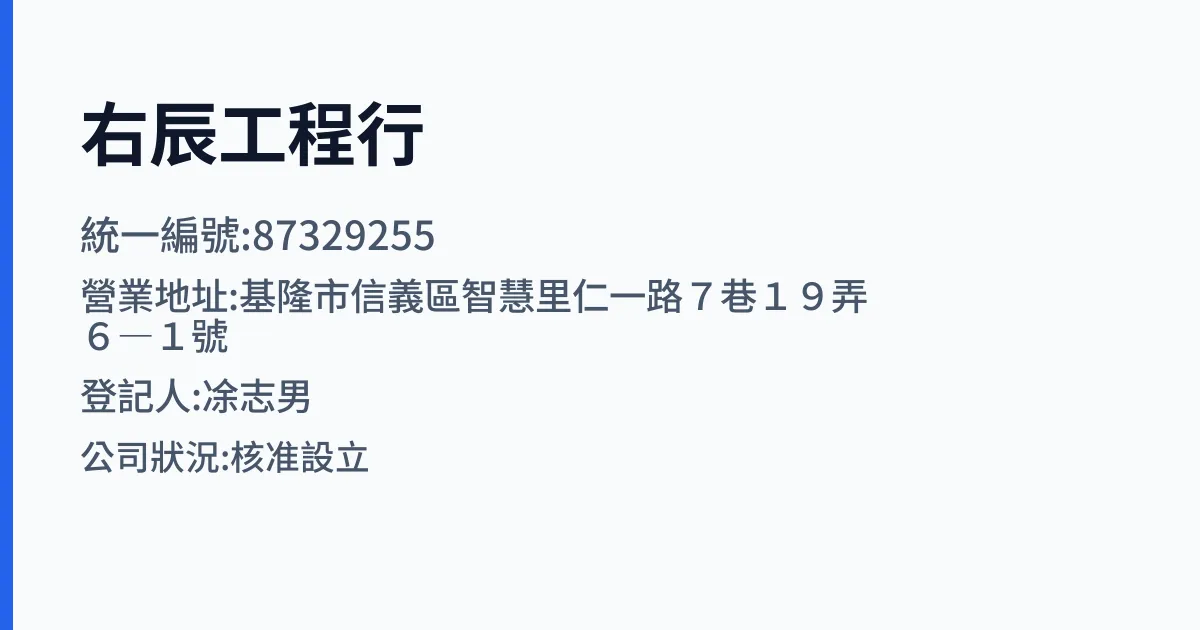 右辰工程行 - 統編 87329255（基隆市） 公司登記資料與營業項目詳細圖表
