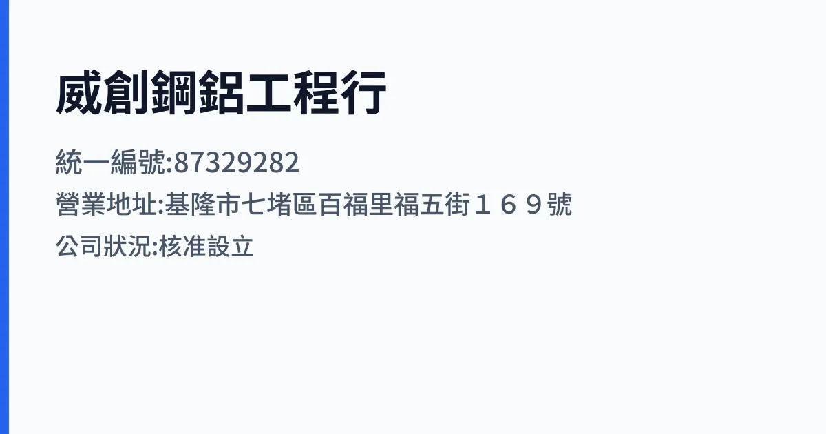 威創鋼鋁工程行 - 統編 87329282(基隆市) 公司登記資料與營業項目詳細圖表