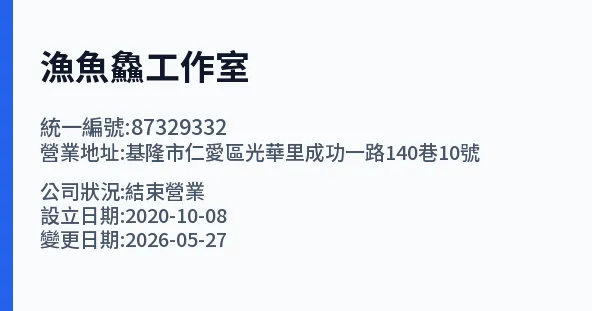 漁魚鱻工作室的照片-統編 87329332(基隆市) 公司登記資料與營業項目詳細圖表