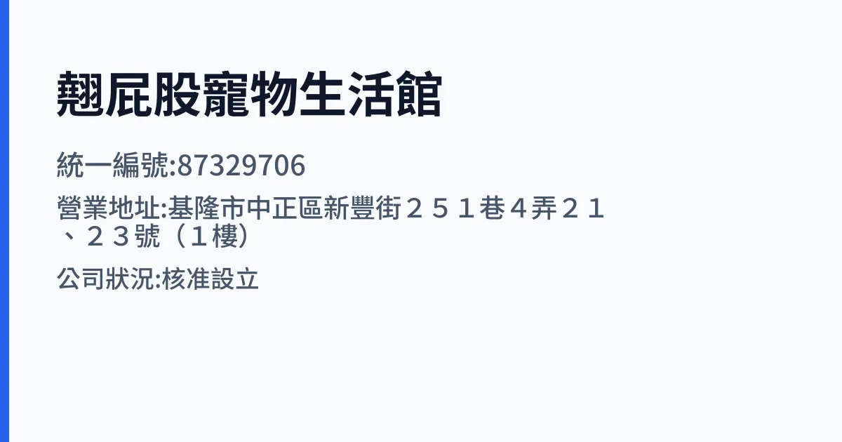 翹屁股寵物生活館 - 統編 87329706(基隆市) 公司登記資料與營業項目詳細圖表