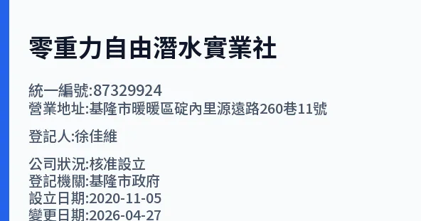 零重力自由潛水實業社的照片-統編 87329924(基隆市) 公司登記資料與營業項目詳細圖表
