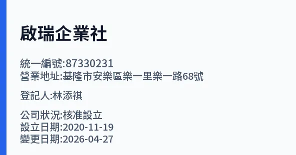 啟瑞企業社的照片-統編 87330231(基隆市) 公司登記資料與營業項目詳細圖表