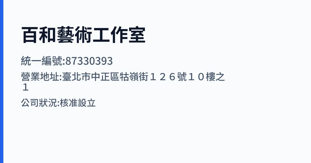 百和藝術工作室 - 統編 87330393(基隆市) 公司登記資料與營業項目詳細圖表