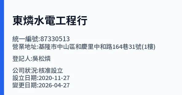 東燐水電工程行的照片-統編 87330513(基隆市) 公司登記資料與營業項目詳細圖表
