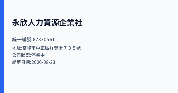 永欣人力資源企業社的照片-統編 87330561(基隆市) 公司登記資料與營業項目詳細圖表