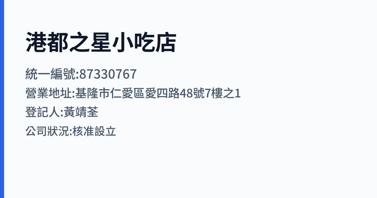 港都之星小吃店 - 統編 87330767(基隆市) 公司登記資料與營業項目詳細圖表