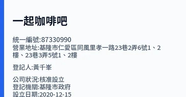 一起咖啡吧的照片-統編 87330990(基隆市) 公司登記資料與營業項目詳細圖表
