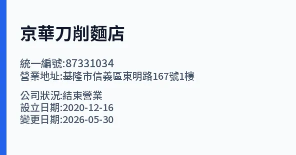 京華刀削麵店的照片-統編 87331034(基隆市) 公司登記資料與營業項目詳細圖表