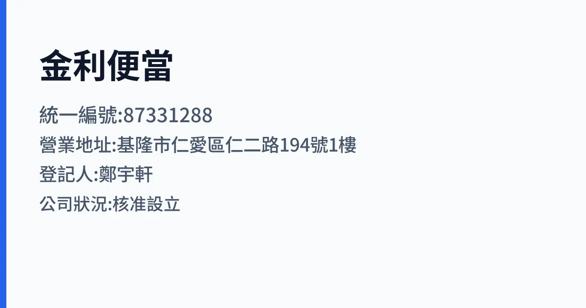 金利便當 - 統編 87331288(基隆市) 公司登記資料與營業項目詳細圖表