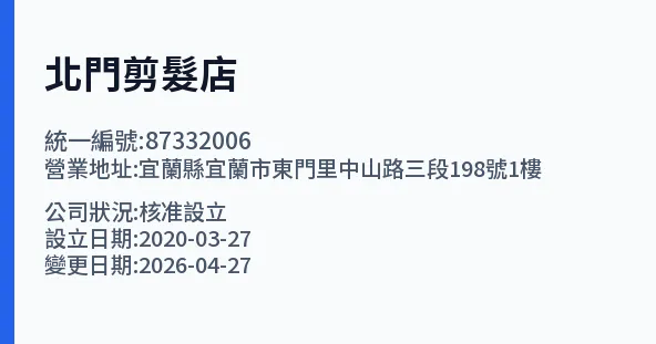 北門剪髮店的照片-統編 87332006(宜蘭縣) 公司登記資料與營業項目詳細圖表