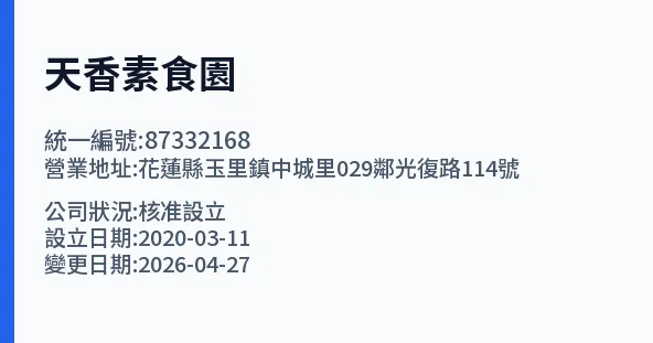 天香素食園的照片-統編 87332168(花蓮縣) 公司登記資料與營業項目詳細圖表