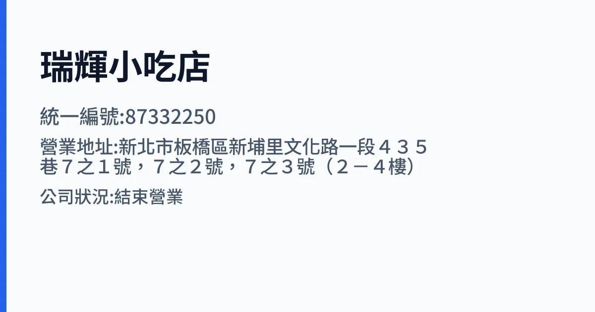 瑞輝小吃店 - 統編 87332250(新北市) 公司登記資料與營業項目詳細圖表
