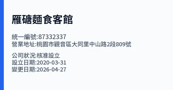 雁磄麵食客館的照片-統編 87332337(桃園市) 公司登記資料與營業項目詳細圖表