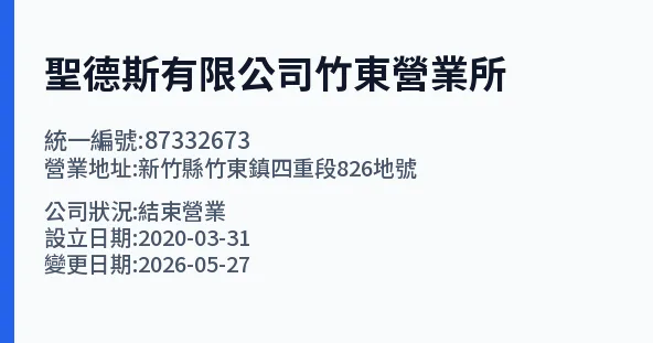 聖德斯有限公司竹東營業所的照片-統編 87332673(新竹縣) 公司登記資料與營業項目詳細圖表