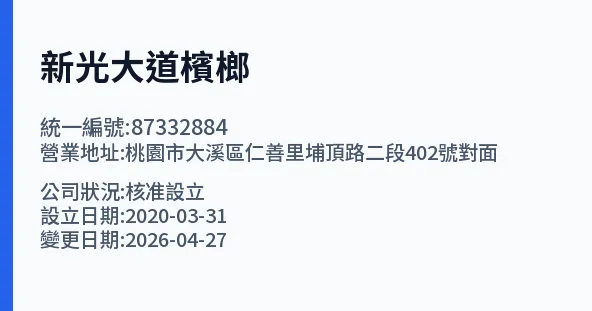新光大道檳榔的照片-統編 87332884(桃園市) 公司登記資料與營業項目詳細圖表