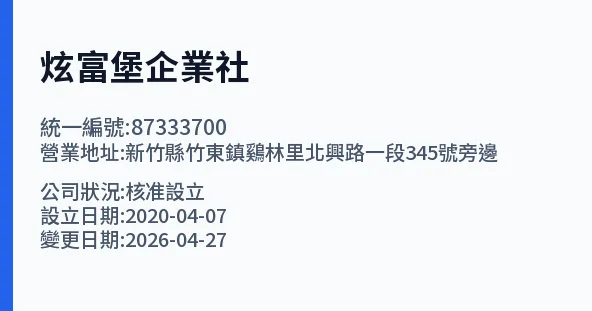炫富堡企業社的照片-統編 87333700(新竹縣) 公司登記資料與營業項目詳細圖表