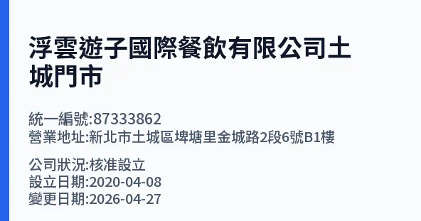 浮雲遊子國際餐飲有限公司土城門市的照片-統編 87333862(新北市) 公司登記資料與營業項目詳細圖表