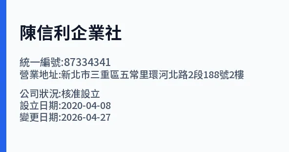 陳信利企業社的照片-統編 87334341(新北市) 公司登記資料與營業項目詳細圖表