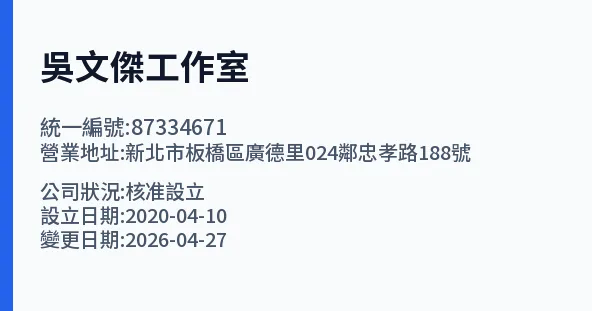 吳文傑工作室的照片-統編 87334671(新北市) 公司登記資料與營業項目詳細圖表