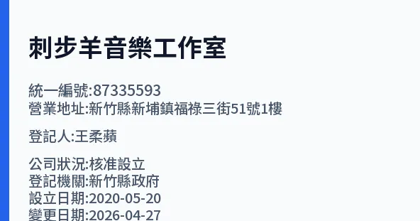 刺步羊音樂工作室的照片-統編 87335593(新竹縣) 公司登記資料與營業項目詳細圖表