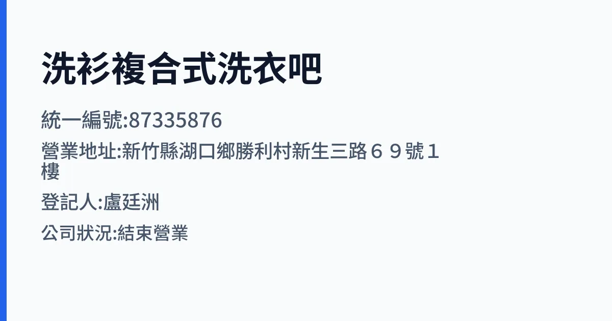 洗衫複合式洗衣吧 - 統編 87335876(新竹縣) 公司登記資料與營業項目詳細圖表