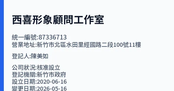 西喜形象顧問工作室的照片-統編 87336713(新竹市) 公司登記資料與營業項目詳細圖表