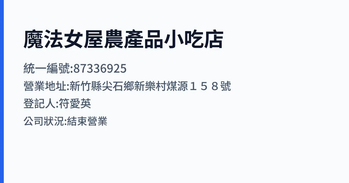 魔法女屋農產品小吃店 - 統編 87336925(新竹縣) 公司登記資料與營業項目詳細圖表