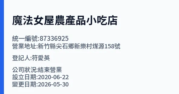 魔法女屋農產品小吃店的照片-統編 87336925(新竹縣) 公司登記資料與營業項目詳細圖表