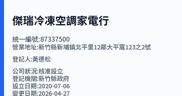 傑瑞冷凍空調家電行的照片-統編 87337500(新竹縣) 公司登記資料與營業項目詳細圖表