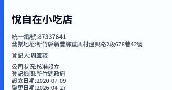 悅自在小吃店的照片-統編 87337641(新竹縣) 公司登記資料與營業項目詳細圖表