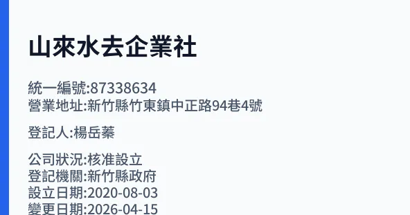 山來水去企業社的照片-統編 87338634(新竹縣) 公司登記資料與營業項目詳細圖表