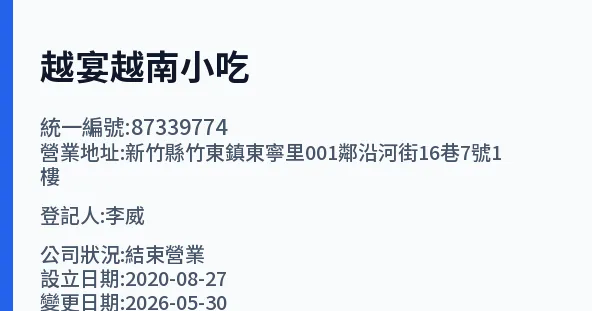 越宴越南小吃的照片-統編 87339774(新竹縣) 公司登記資料與營業項目詳細圖表