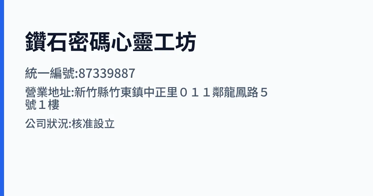 鑽石密碼心靈工坊 - 統編 87339887（新竹縣） 公司登記資料與營業項目詳細圖表
