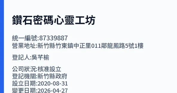 鑽石密碼心靈工坊的照片-統編 87339887(新竹縣) 公司登記資料與營業項目詳細圖表