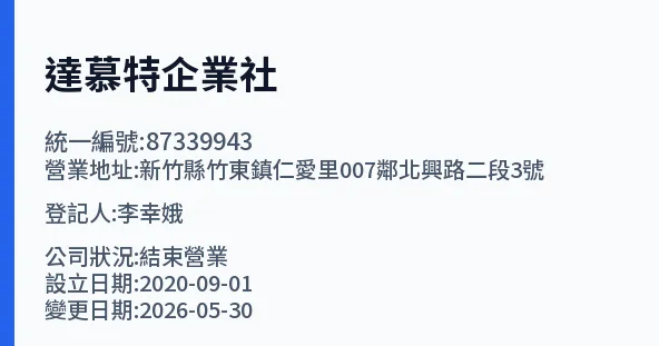 達慕特企業社的照片-統編 87339943(新竹縣) 公司登記資料與營業項目詳細圖表