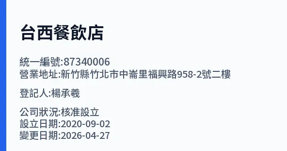台西餐飲店的照片-統編 87340006(新竹縣) 公司登記資料與營業項目詳細圖表