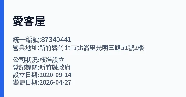 愛客屋的照片-統編 87340441(新竹縣) 公司登記資料與營業項目詳細圖表