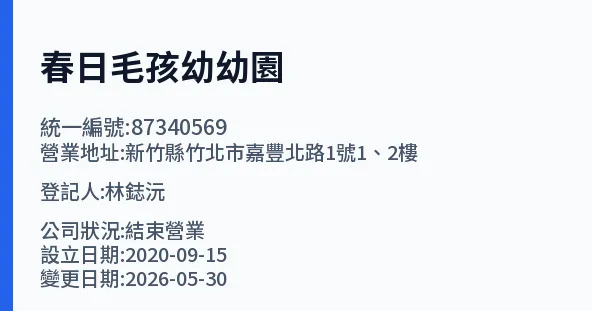春日毛孩幼幼園的照片-統編 87340569(新竹縣) 公司登記資料與營業項目詳細圖表
